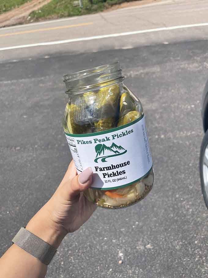 Farmhouse Pickles captured roadside with mountains behind proves some souvenirs are worth the scenic drive home.