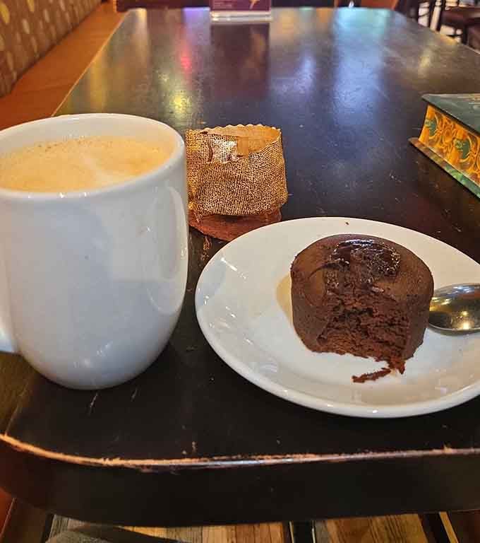 Coffee, lava cake, and what appears to be a brownie, proving dessert doesn't require choosing just one thing.