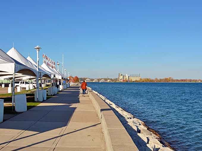 Blue Water River Walk where your daily constitutional comes with international bridge views and zero admission fees.