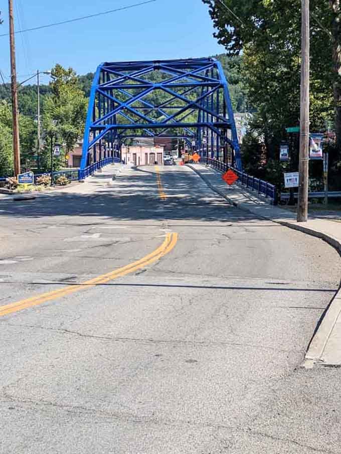 Blue steel spanning the road like something from "The Bridges of Madison County," minus Clint Eastwood but equally photogenic.