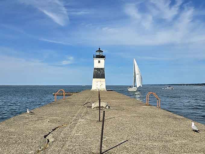 The North Pier Light stands guard like a maritime sentinel, making every photo look like a postcard from New England.