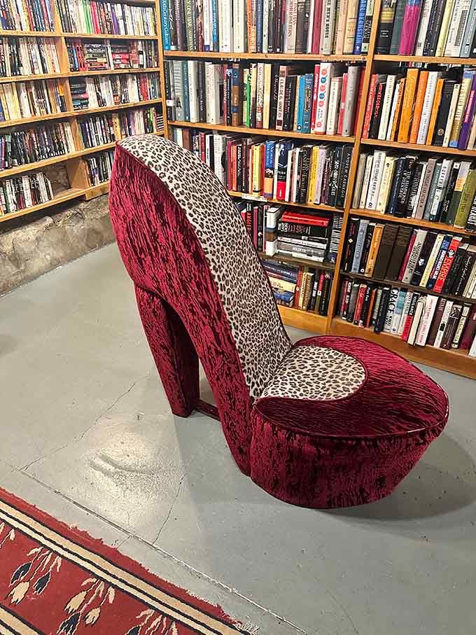 That leopard-print high heel chair is either brilliant art or someone's fever dream, possibly both at once.