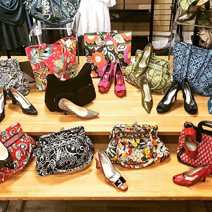 Colorful purses and stylish heels create a display that would make Carrie Bradshaw weep with bargain-hunting joy.