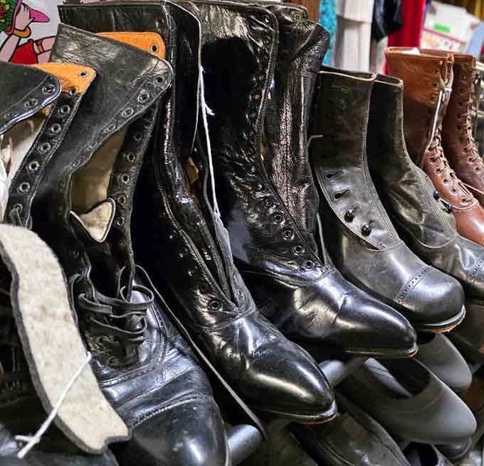 Vintage boots lined up like soldiers from fashion eras past, waiting for their second act.