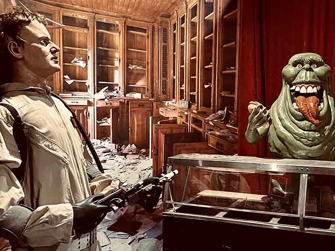 Slimer floats nearby while Ghostbusters gear waits, ready to bust the ghosts of your misspent youth.