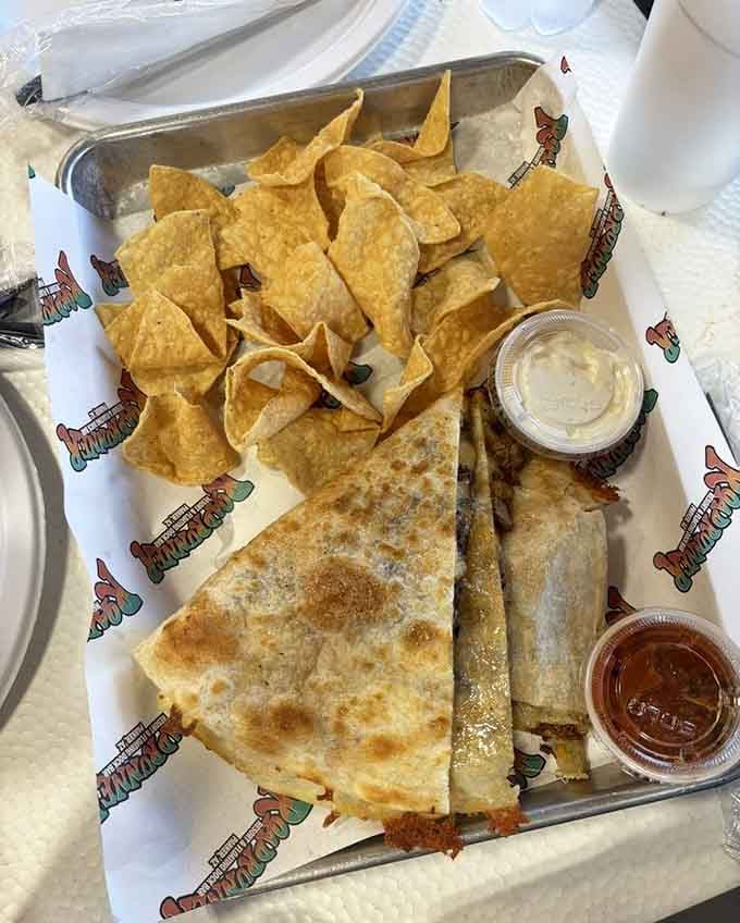 A quesadilla this generously portioned understands that river activities build serious appetites that demand serious satisfaction.