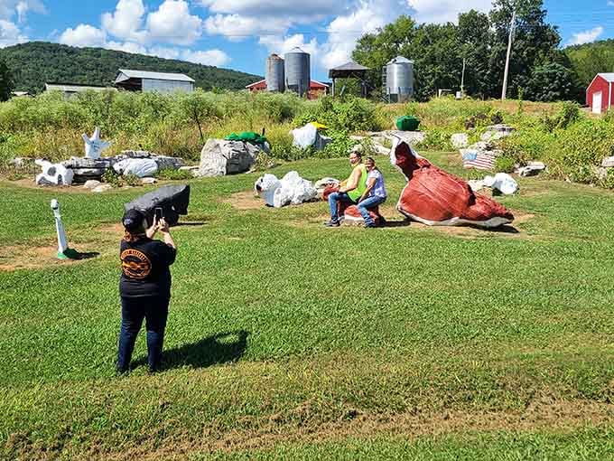 Nothing says "family photo op" quite like posing with a menagerie that requires zero liability insurance or feeding schedules.