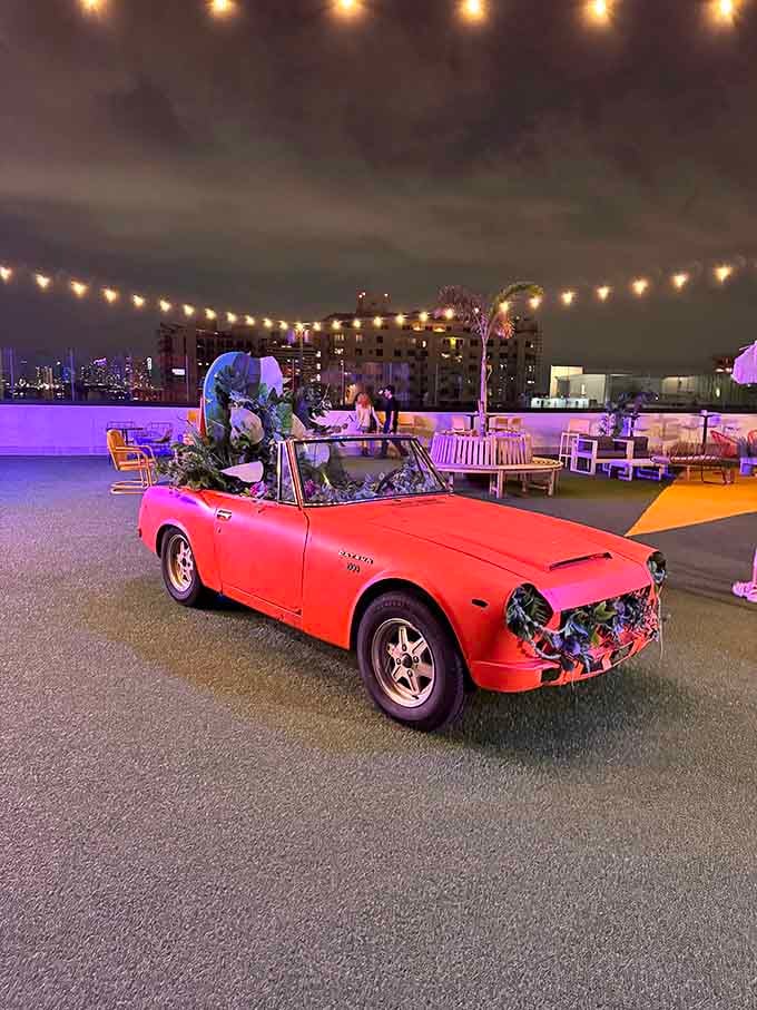 A vintage convertible adds that classic drive-in vibe, minus the cramped car and foggy windshield problems.