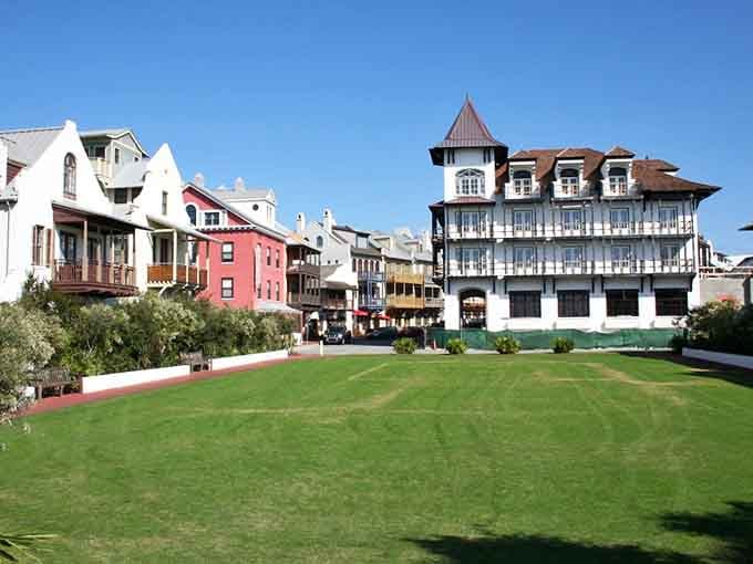 The Town Green stretches invitingly before buildings that look like they've been plucked from three different continents and somehow belong together.