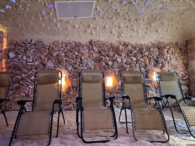 Recline in zero gravity chairs while salt-infused air works its magic on your weary respiratory system.
