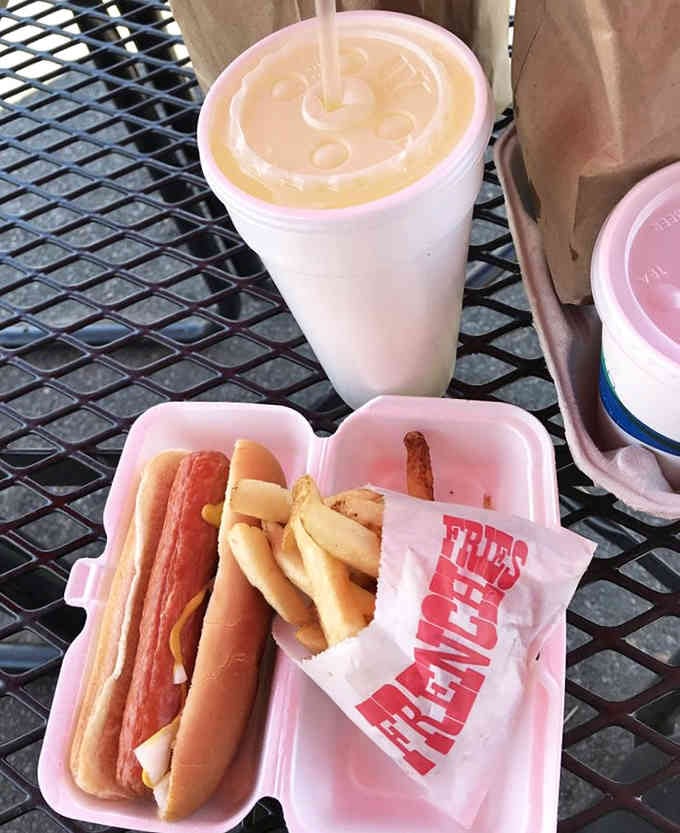 Hot dogs, fries, and lemonade creating the kind of lunch that makes you forget all your adult responsibilities.