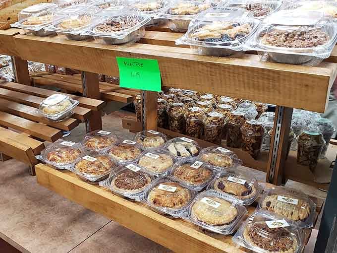 Whole pies stacked and ready for action, because sometimes a slice just won't cut it for the road ahead.