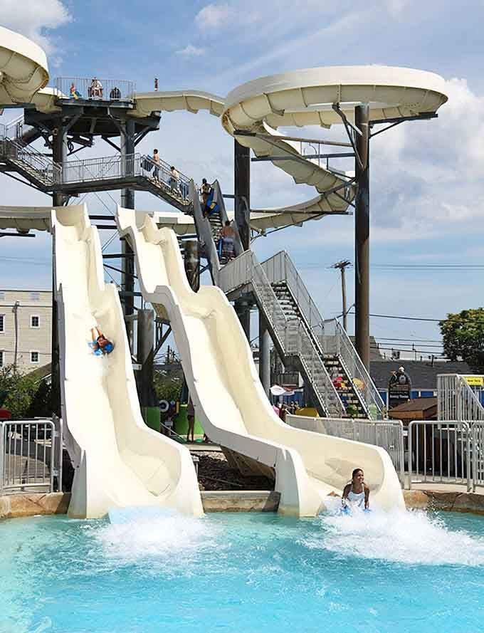 The Power Tower looms like a vertical dare, separating the brave from the sensible sunbathers below.