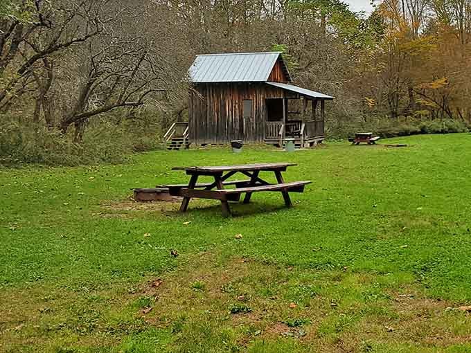 That rustic cabin and picnic table are basically saying, "Your living room called, it's jealous of this view."