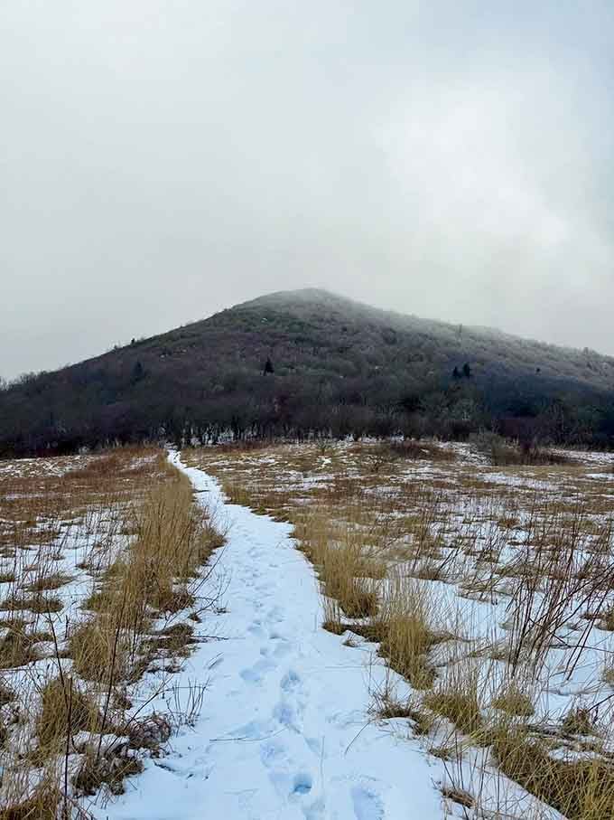 Snow dusts the meadow while clouds wrap the summit, creating that mysterious atmosphere adventure seekers absolutely crave.