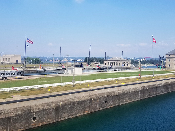 The Soo Locks doing their engineering magic, lifting ships like they're bathtub toys instead of steel giants.