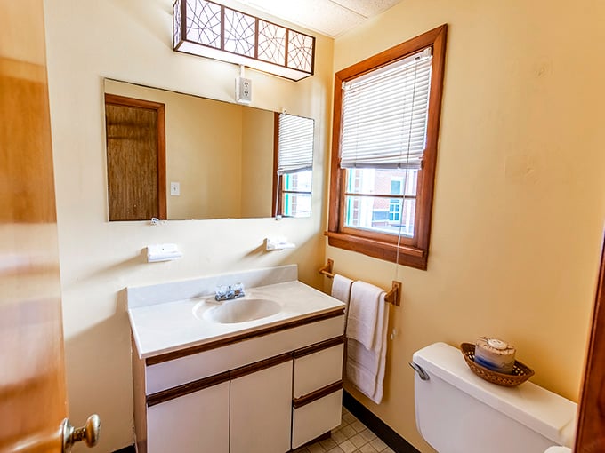 Clean, simple, and functional, this bathroom won't win design awards but it'll get the job done perfectly well.