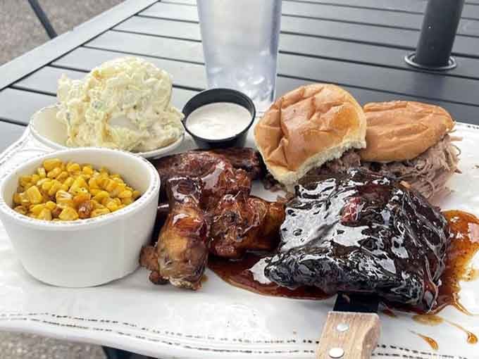 Turkey ribs, pulled pork, coleslaw, and corn: a barbecue symphony conducted by smoke and time.