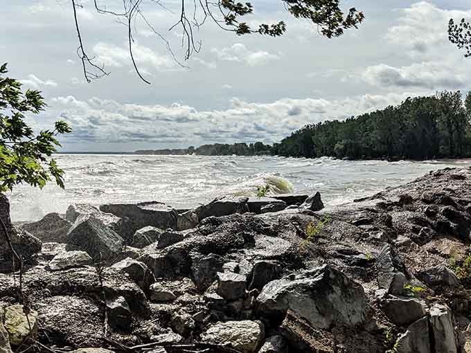 When Lake Erie gets moody, the rocky shoreline becomes a front-row seat to nature's dramatic performance.
