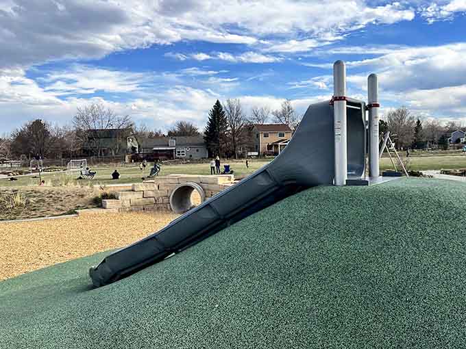 Modern slides cascade down artificial hills, blending contemporary fun with old-fashioned agricultural aesthetics beautifully.