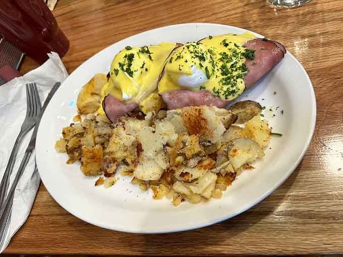 Perfectly poached eggs draped in golden hollandaise prove that some classics never need updating, just proper execution and respect.