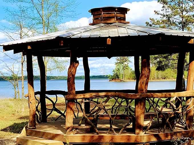 This handcrafted gazebo provides shade and charm, like something from a storybook come to life.
