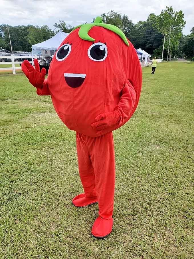 Meet the happiest tomato you'll ever see, spreading joy and vegetable pride throughout the festival grounds.