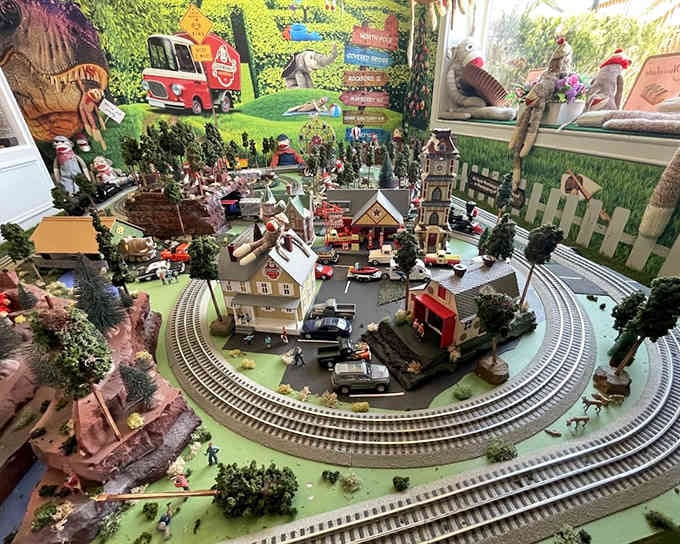 A miniature world where sock monkeys run the railroad, and honestly, they're probably doing a better job.