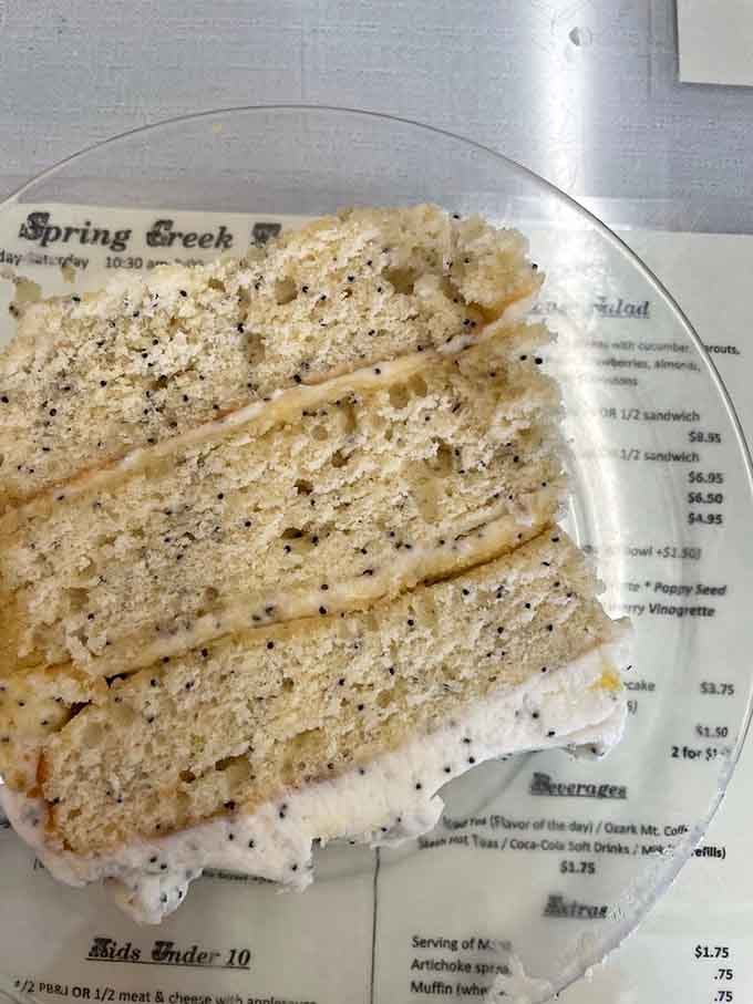 Lemon poppyseed cake with frosting so generous it makes you wonder if they've ever heard the word "moderation."