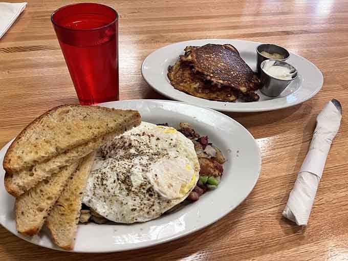 Corned beef hash topped with a perfectly fried egg proves breakfast at Stalzy's hits differently than anywhere else.