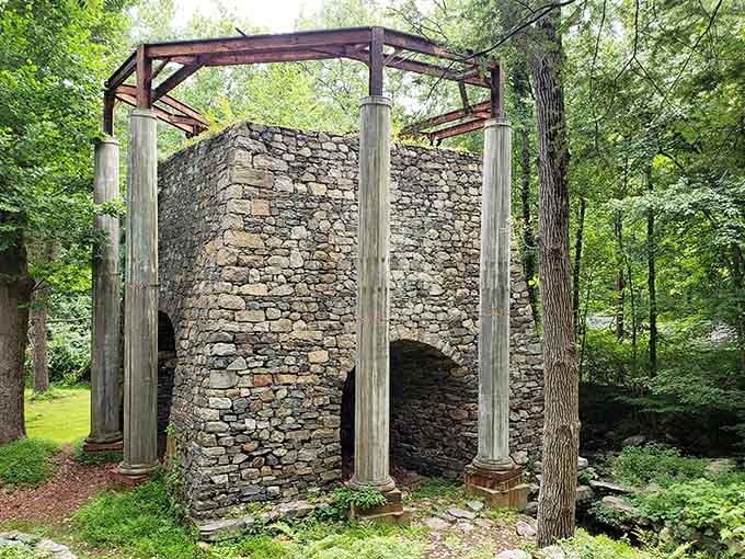 Ancient stone ruins stand as silent witnesses to history, wrapped in columns that add unexpected classical elegance to the forest.