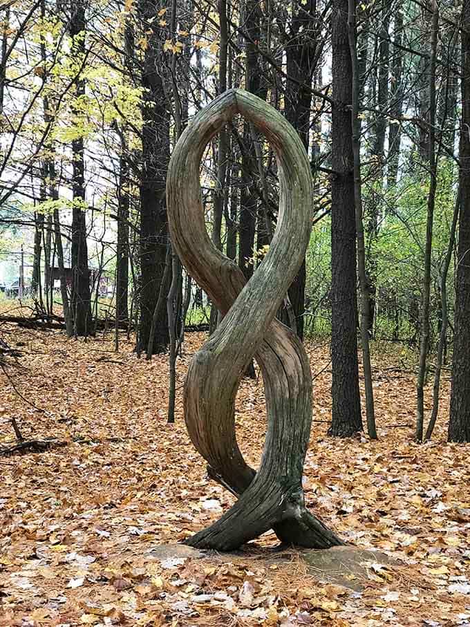 This twisted wood sculpture looks like Mother Nature tried yoga and decided to show off her flexibility.