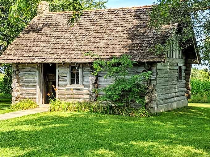 This weathered log cabin speaks of pioneer grit and determination, standing proud despite decades of Wisconsin winters.
