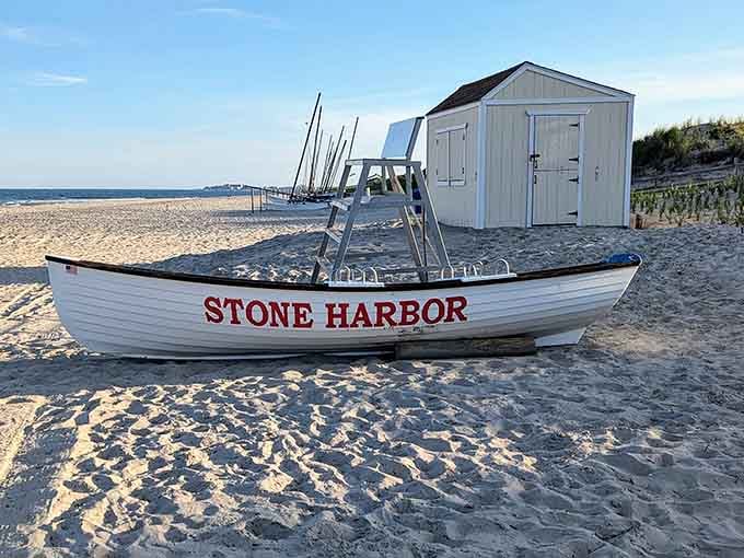 That classic Stone Harbor boat sits there like it's waiting for its close-up in a beach movie.