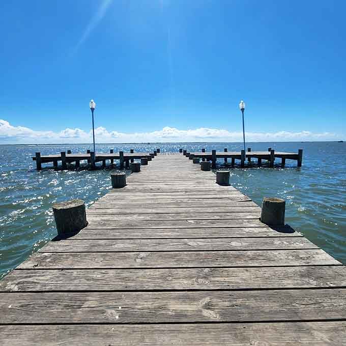 This peaceful dock stretches into the bay, proving cowboys would've loved kayaking if they'd thought of it.