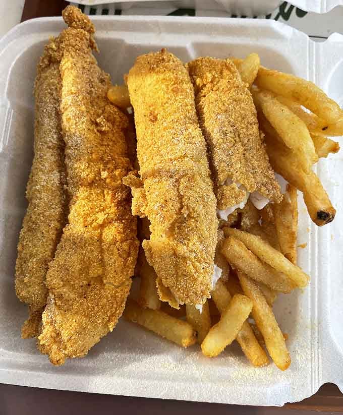 Catfish fillets wearing their golden cornmeal coating like a badge of honor, ready to change your mind about Midwestern seafood.