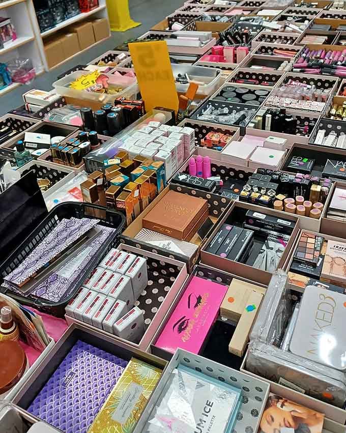 Beauty products stacked like a makeup artist's fever dream, offering department store quality without the department store guilt.