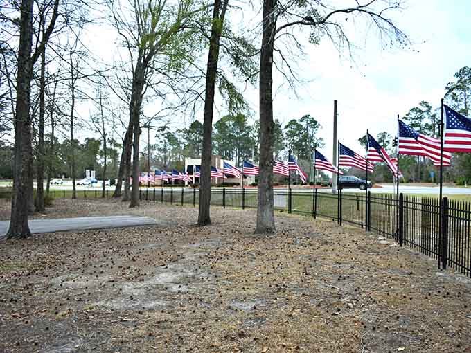 American flags wave proudly along the path, honoring service members in a display that touches your heart.