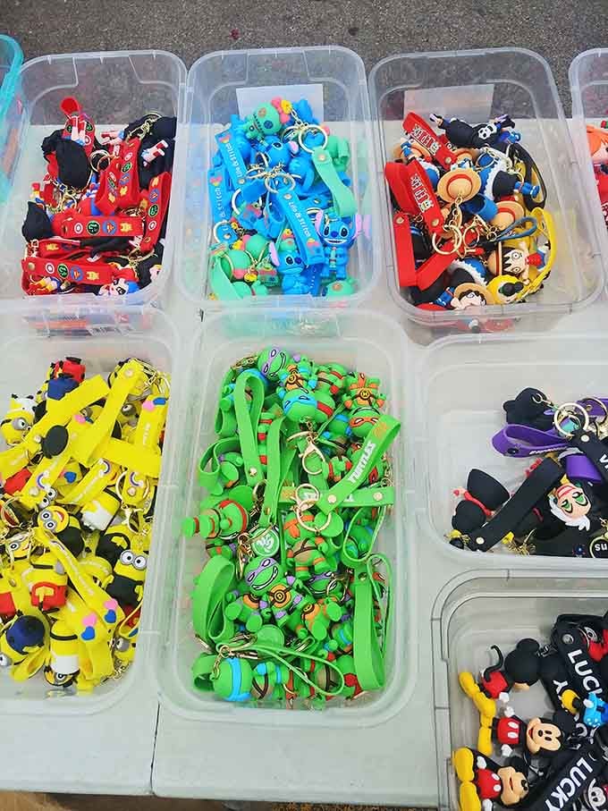 Character keychains sorted by color like a rainbow of nostalgia, from Stitch to Mickey to your favorites.