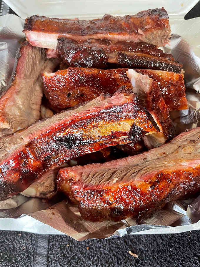 These ribs have that gorgeous mahogany color that tells you someone really knows what they're doing back there.