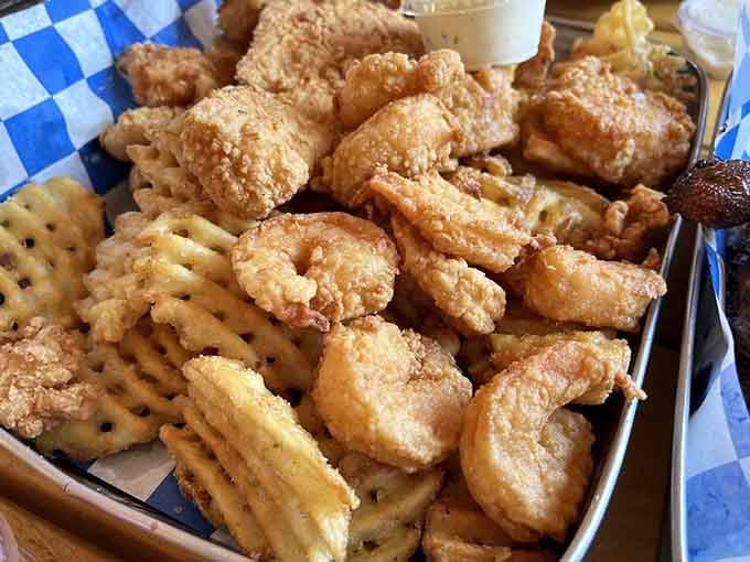 The Fisherman's Platter brings the coast to the mountains with golden-fried seafood that defies all geographical logic.