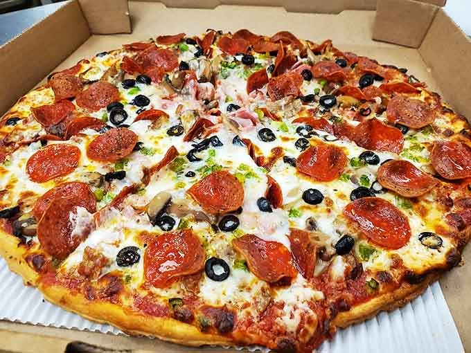 When a diner serves pizza this loaded, you know they're not afraid to break the rules deliciously.