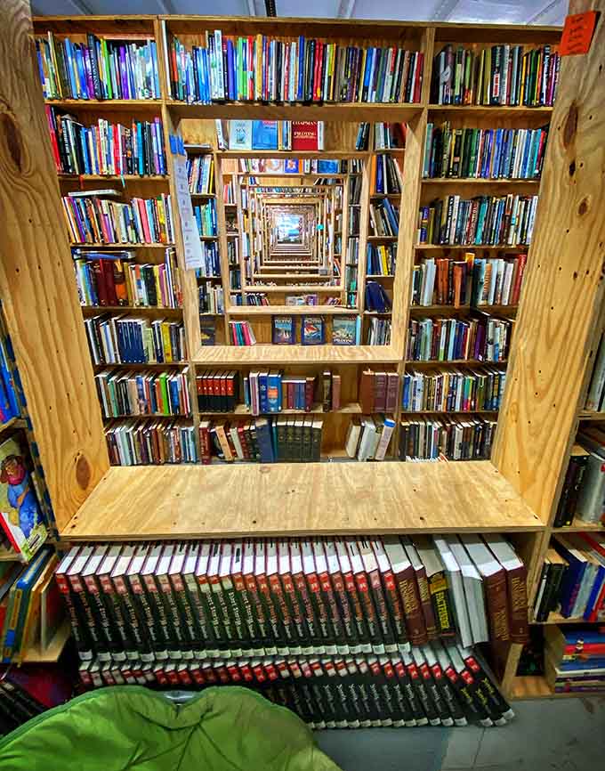 Looking through these shelves creates an optical illusion that would make M.C. Escher jealous and book lovers absolutely giddy.