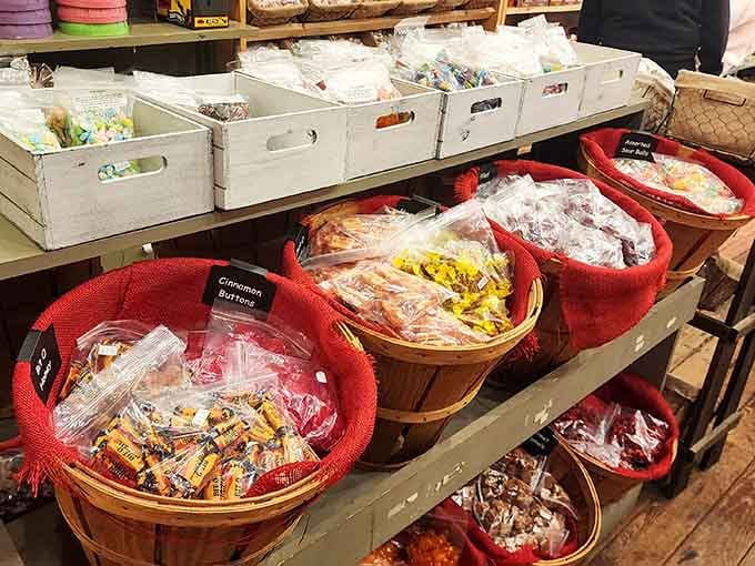 Baskets brimming with wrapped candies invite you to dig in and rediscover flavors you forgot you loved.