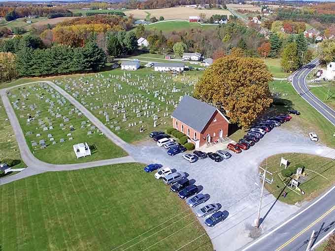 From above, you can see the parking lot tells the whole story&mdash;this little church draws quite the congregation.