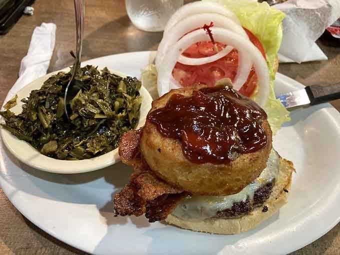 That burger's got collard greens as a side, proving The Mason Jar knows exactly who they're feeding and what matters.