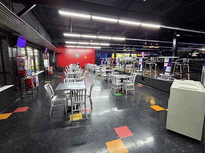 Colorful floor tiles and metal chairs create a casual dining space where you can refuel between high-speed adventures.