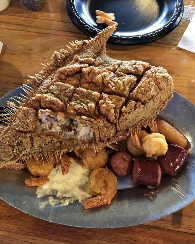 That flounder is so perfectly fried and crispy, it practically shatters when you look at it wrong.