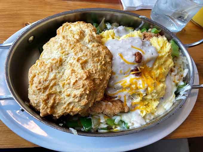 Chicken fried chicken on a skillet is the kind of redundancy we can all get behind, especially with those eggs.