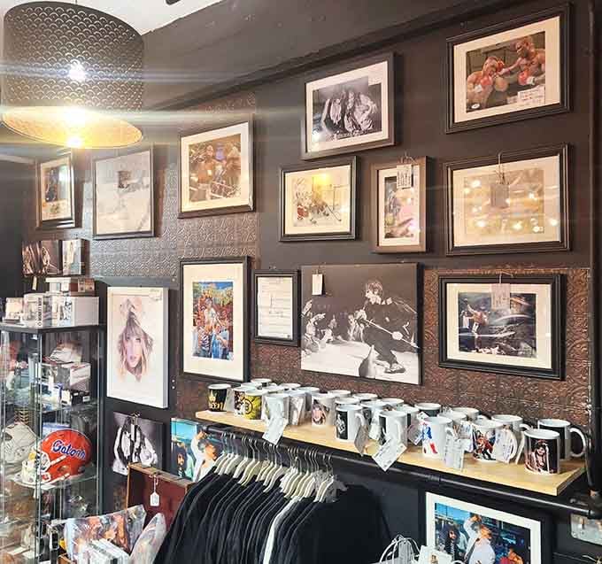 Gallery walls of framed art and memorabilia that transform ordinary shopping into a visual feast.